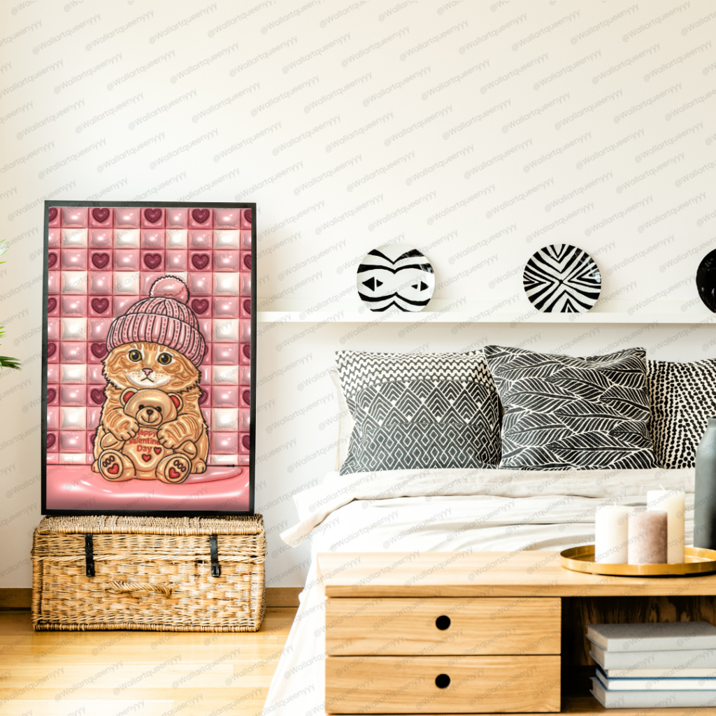 Valentine Kitten Teddy wall art – cute cozy printable illustration